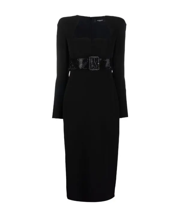 Versace Graphic Neckline Belted Midi Dress - Black