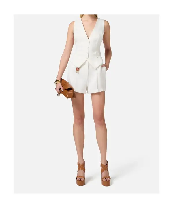 Elisabetta Franchi Gabardine Waistcoat With Rhinestone Logo Detail - Ivory