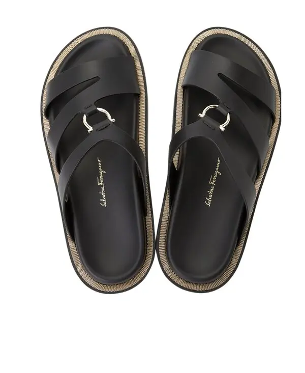 FERRAGAMO Leather Slip-on Sandals With Gold Tone Detail