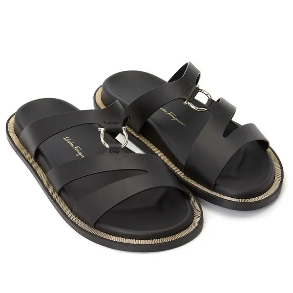 FERRAGAMO Leather Slip-on Sandals With Gold Tone Detail