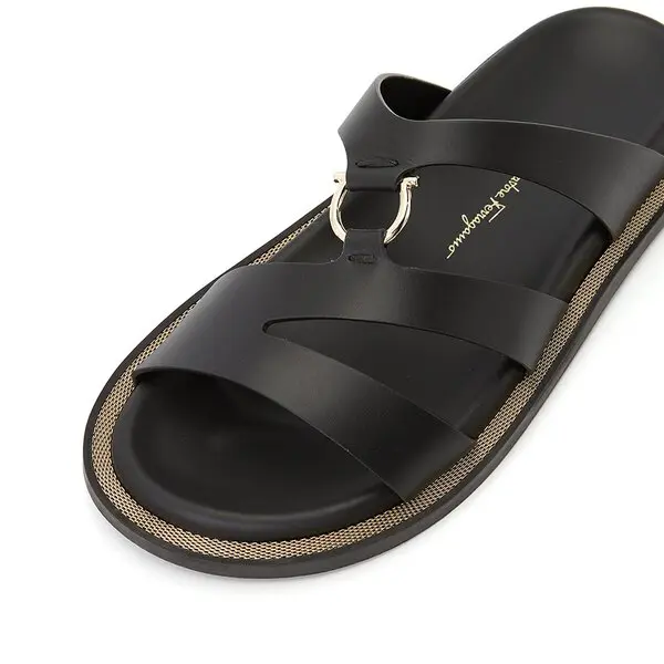 FERRAGAMO Leather Slip-on Sandals With Gold Tone Detail
