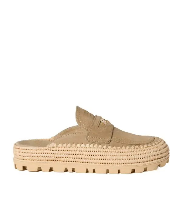 Miu Miu Embossed Logo Slip-on Mules - Beige