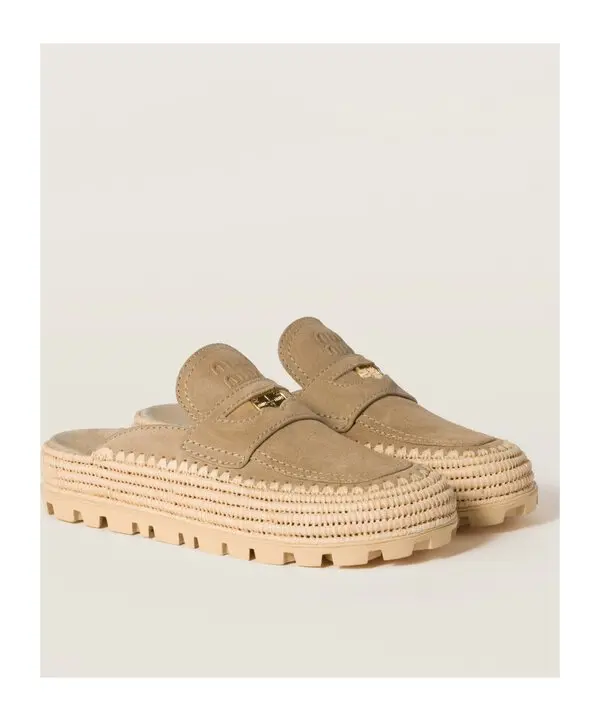 Miu Miu Embossed Logo Slip-on Mules - Beige