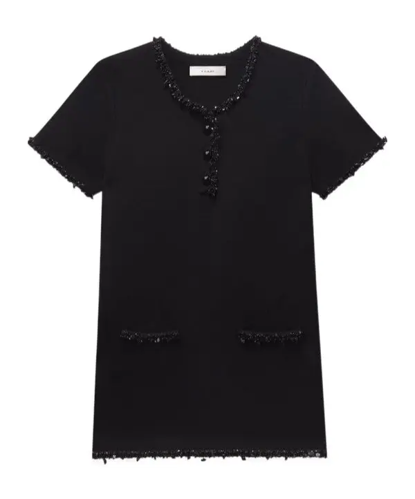 FRAME Beaded Trim Round Neck Short Sleeve Dress
