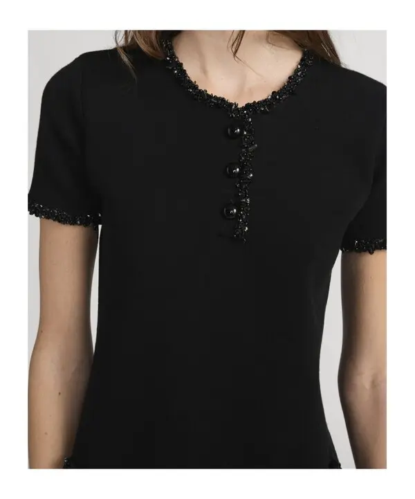 FRAME Beaded Trim Round Neck Short Sleeve Dress