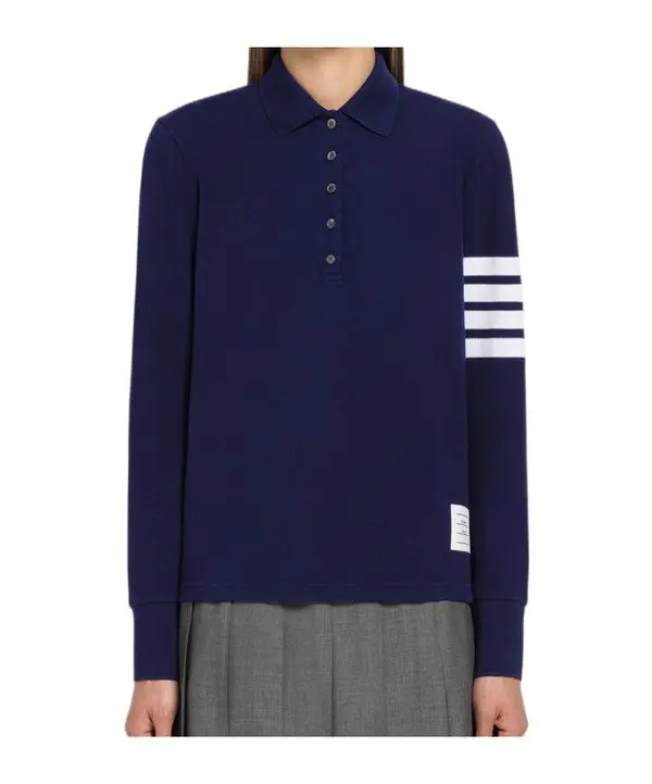 Thom Browne Long-sleeved Knitted Polo Shirt With Four Stripes - Navy Blue