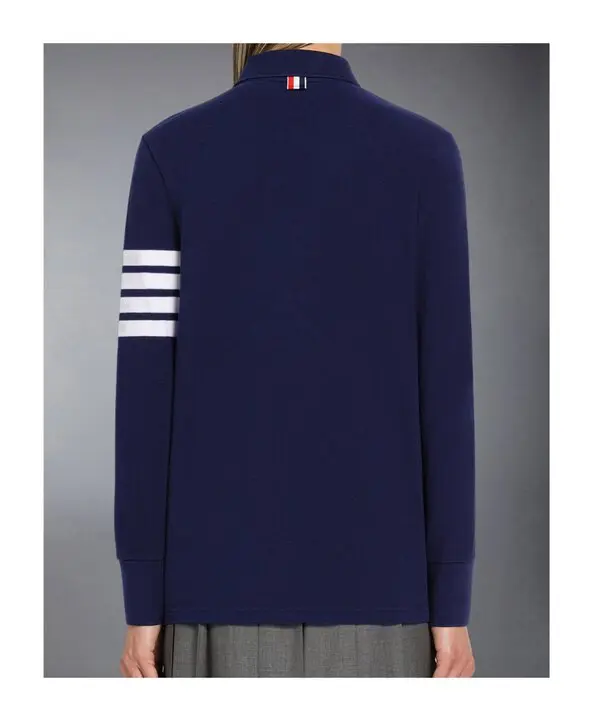 Thom Browne Long-sleeved Knitted Polo Shirt With Four Stripes - Navy Blue