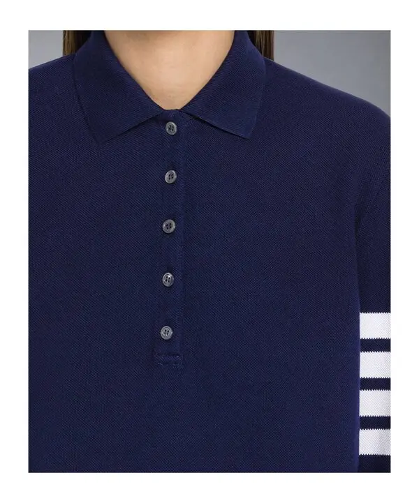Thom Browne Long-sleeved Knitted Polo Shirt With Four Stripes - Navy Blue