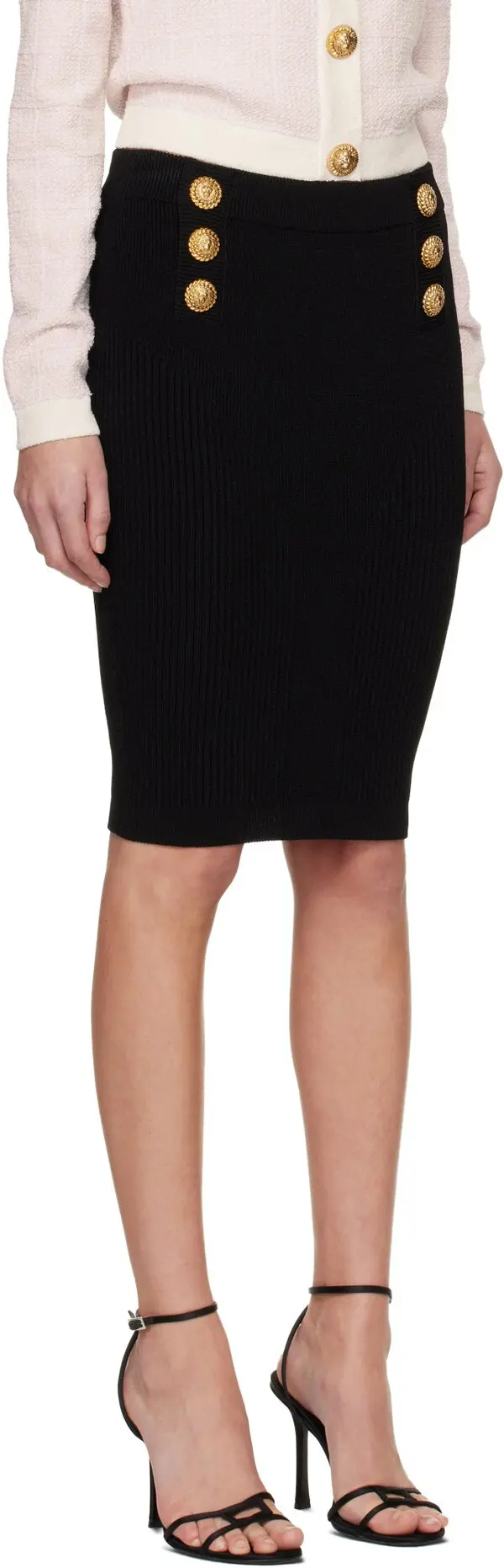 Balmain Button Detail Ribbed Knit Midi Skirt - Black