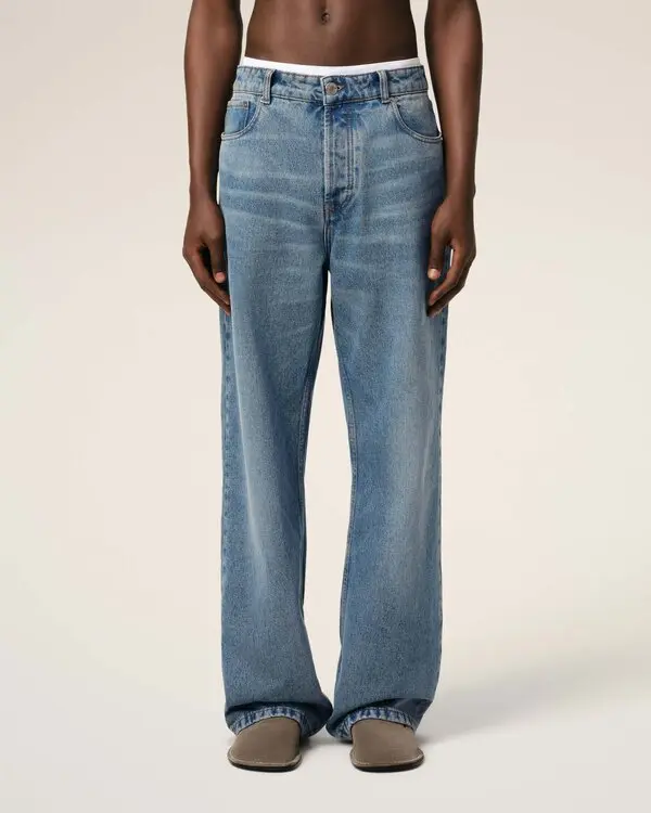 AMI Paris Logo Patch Wide-leg Jeans - Blue