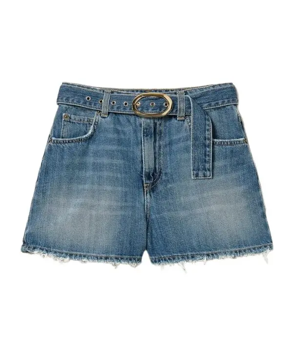TWINSET Belted Fringed Denim Shorts - Gray