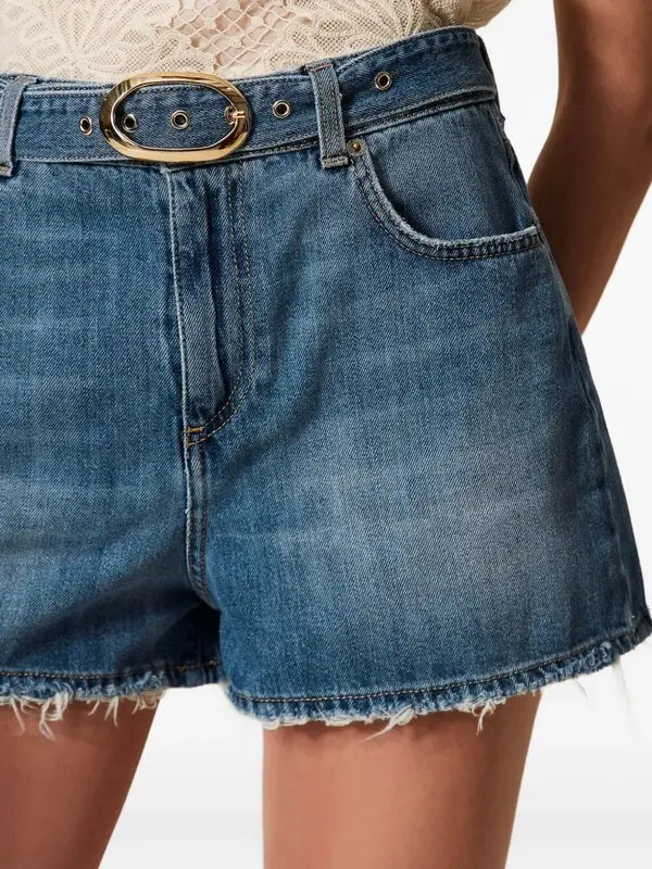 TWINSET Belted Fringed Denim Shorts - Gray