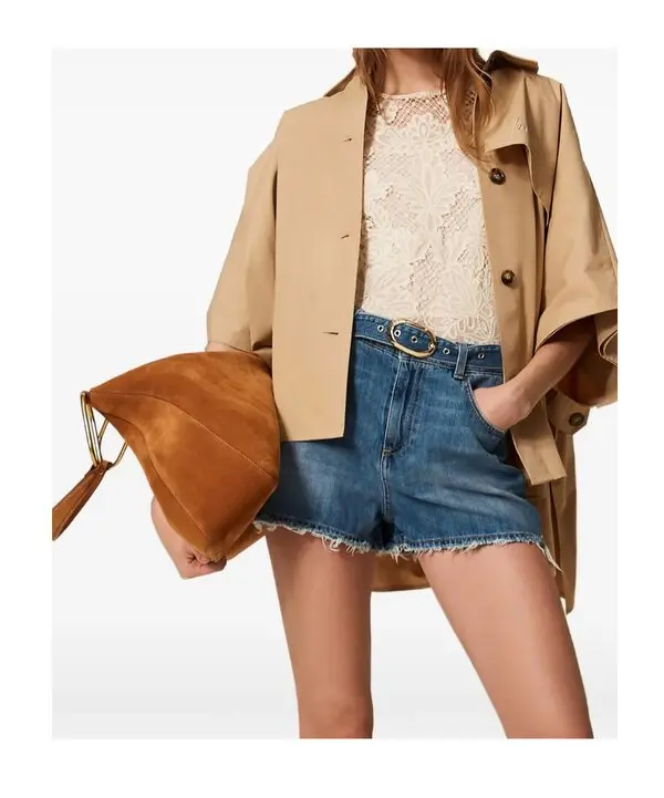 TWINSET Belted Fringed Denim Shorts - No