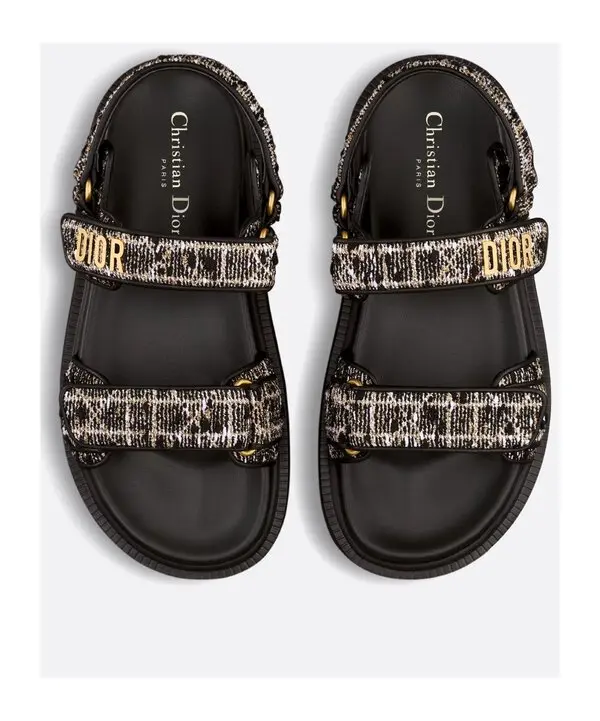 Dior Cannage Rattan Plaid Tweed Flat Sandals - Black