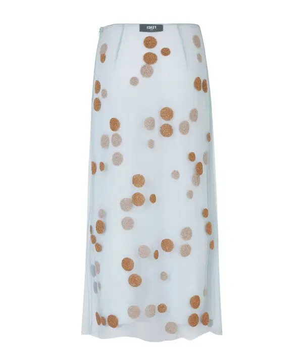 Fendi Polka Dot Embellished Tulle Midi Skirt - Light Blue
