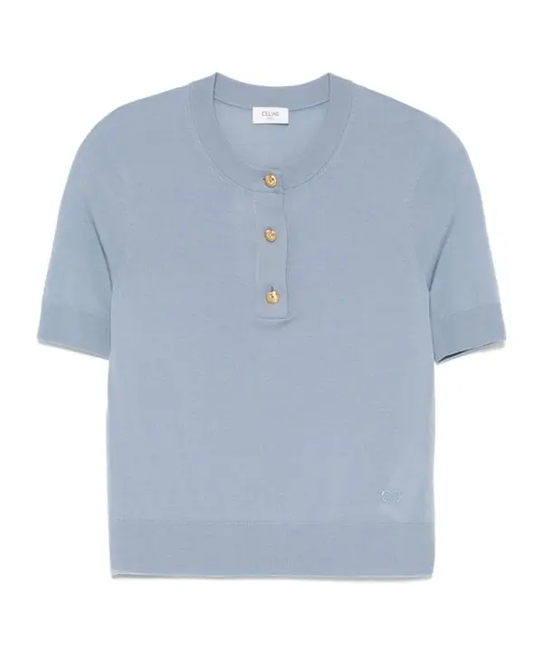 Celine Triomphe Embroidered Fine Wool Crew Neck Sweater - Light Blue