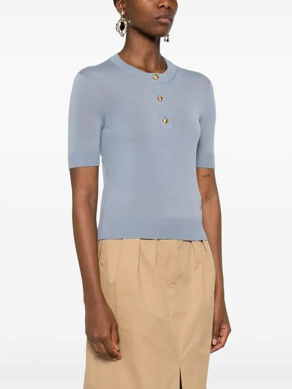 Celine Triomphe Embroidered Fine Wool Crew Neck Sweater - Light Blue