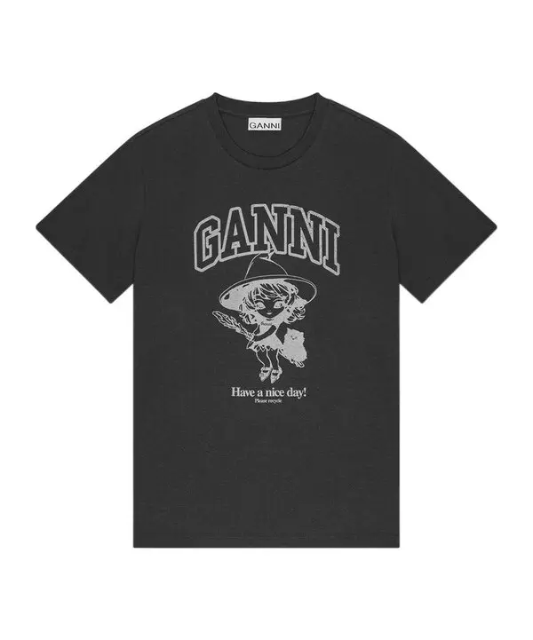GANNI Graphic Print Short Sleeve Top - Black