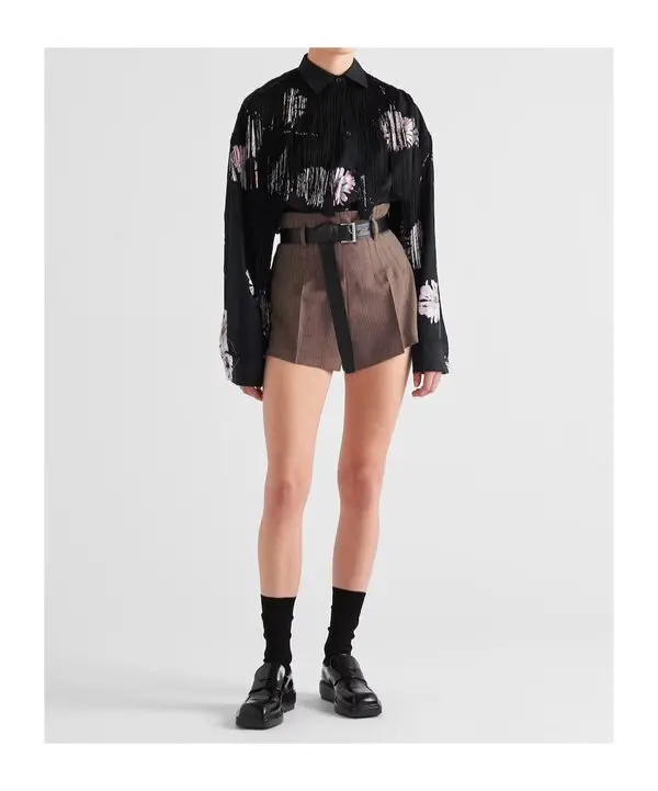 Prada Rose-printed Long-sleeved Fringed Shirt - No