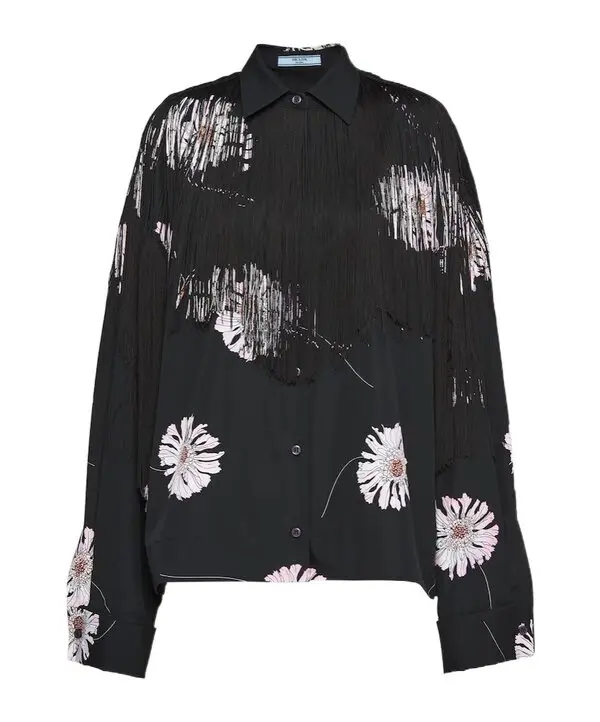 Prada Rose-printed Long-sleeved Fringed Shirt