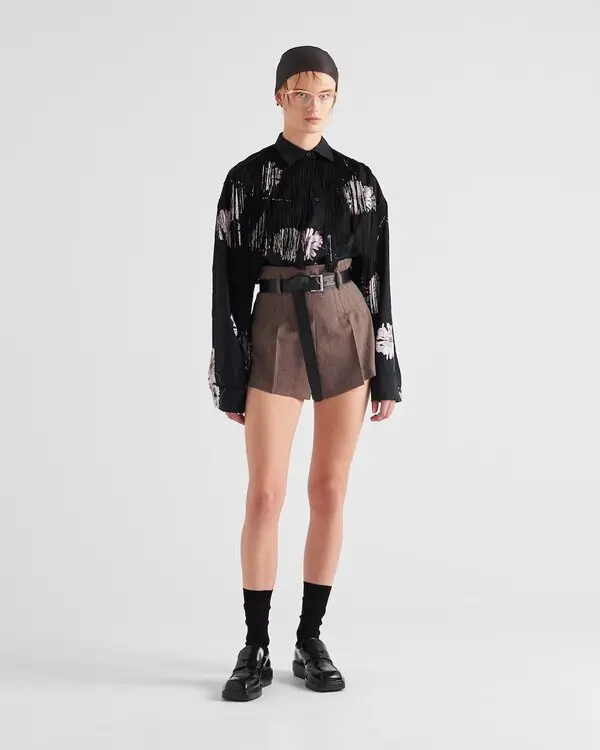 Prada Rose-printed Long-sleeved Fringed Shirt