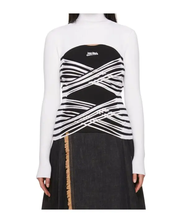 JEAN PAUL GAULTIER Striped Ribbed Turtleneck Top