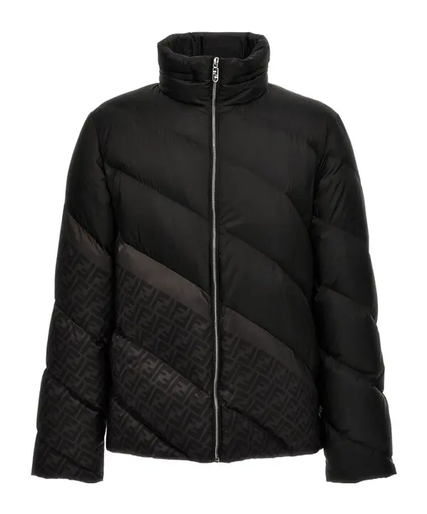 Fendi Quilted Nylon Down Jacket With Diagonal Logo Print