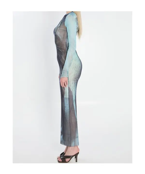 JEAN PAUL GAULTIER Water-print Long-sleeve Maxi Dress - Gray