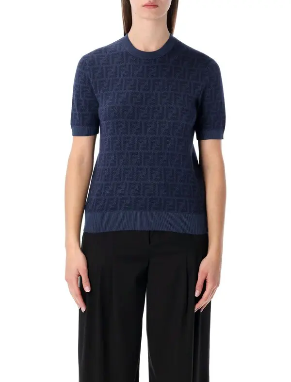 Fendi Ff Jacquard Short Sleeve Crewneck Jumper - Black