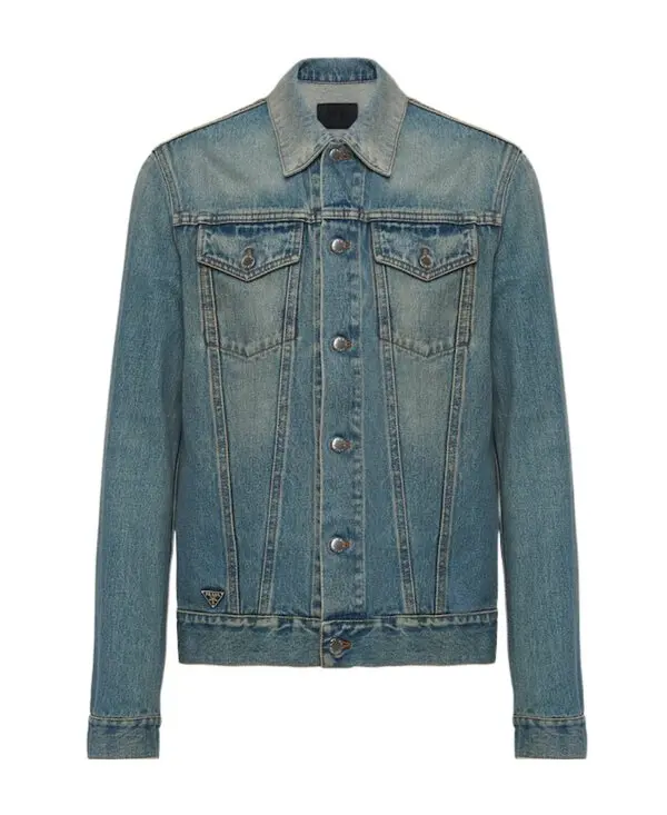 Prada Enamelled Tag Detailed Denim Jacket - Light Blue