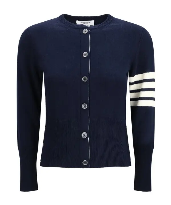Thom Browne 4-bar Knitted Cardigan With Dog Embroidery - Navy Blue