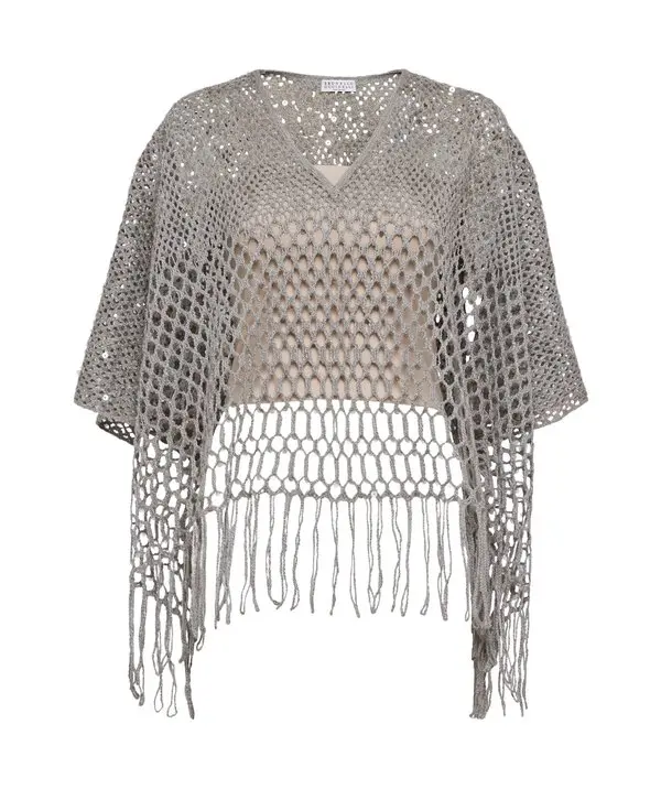 Brunello Cucinelli Monili Chain Open-knit Top With Tassel Trim - Gray