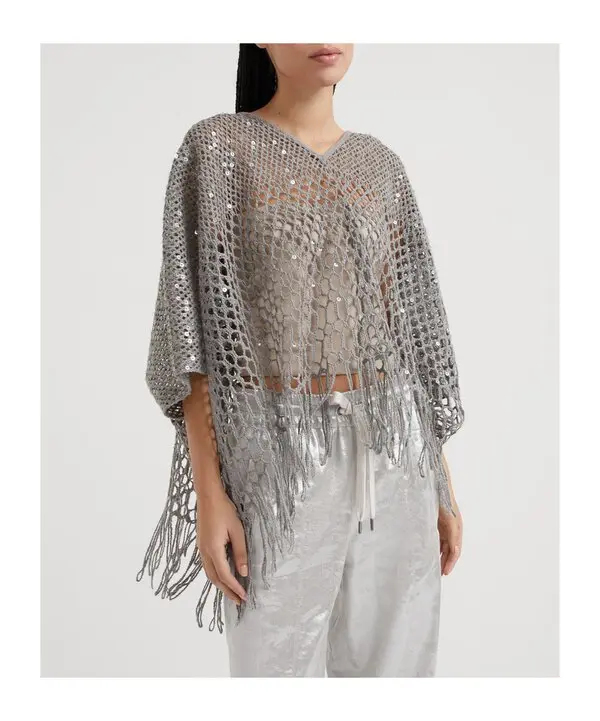 Brunello Cucinelli Monili Chain Open-knit Top With Tassel Trim