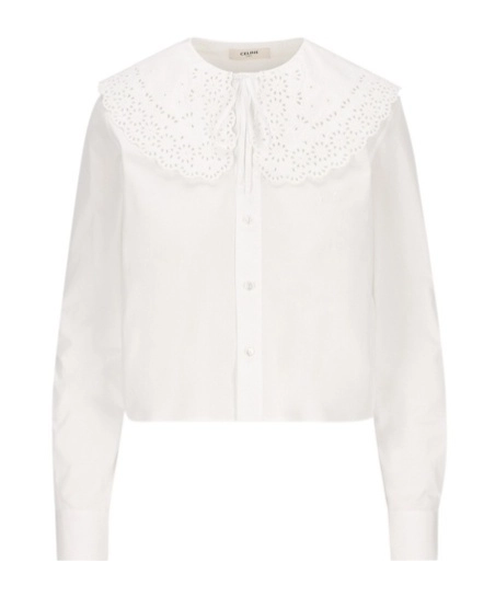 Celine Cropped Romy Shirt In Cotton Poplin With Lace Details - White