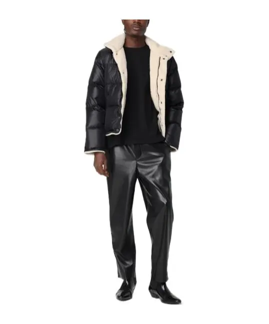 Saint Laurent Down Puffer Jacket With Embroidered Logo And Shearling Trim