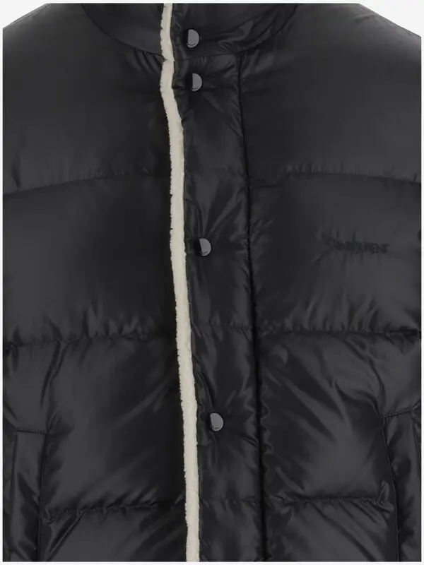 Saint Laurent Down Puffer Jacket With Embroidered Logo And Shearling Trim