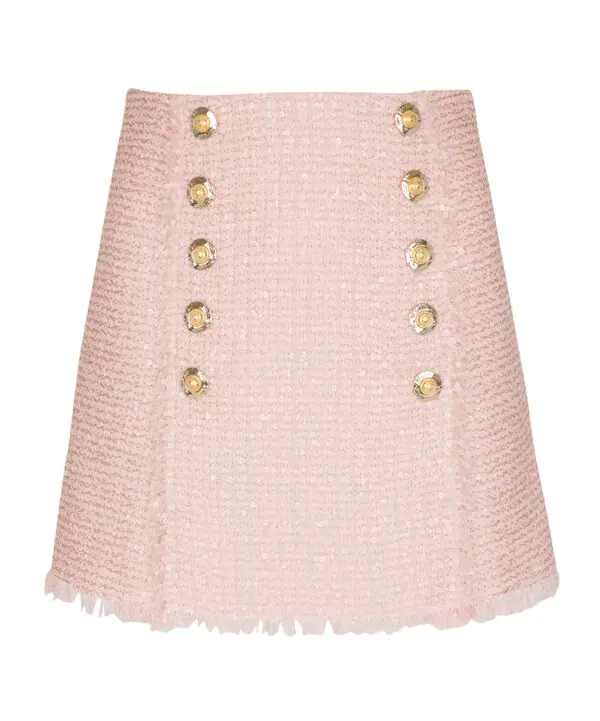 Balmain Sequinned Tweed Mini Skirt With Fringed Hem