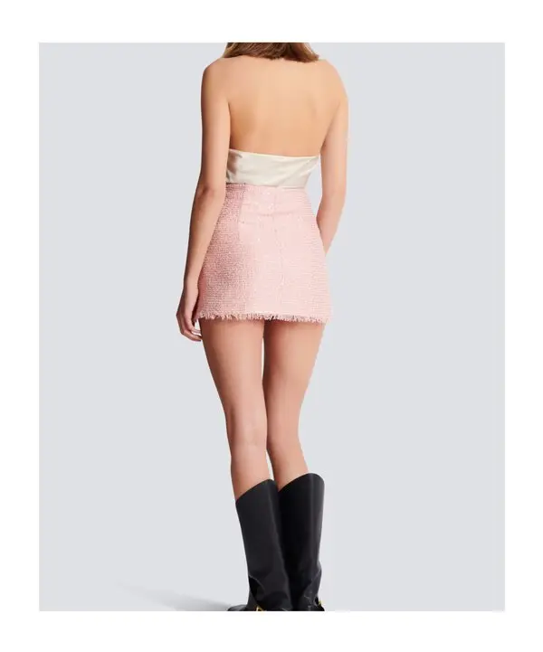 Balmain Sequinned Tweed Mini Skirt With Fringed Hem