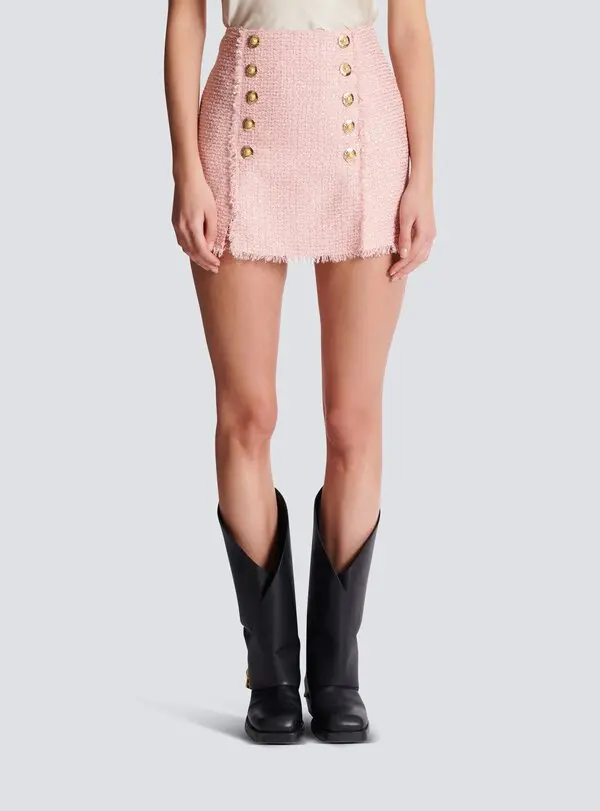 Balmain Sequinned Tweed Mini Skirt With Fringed Hem