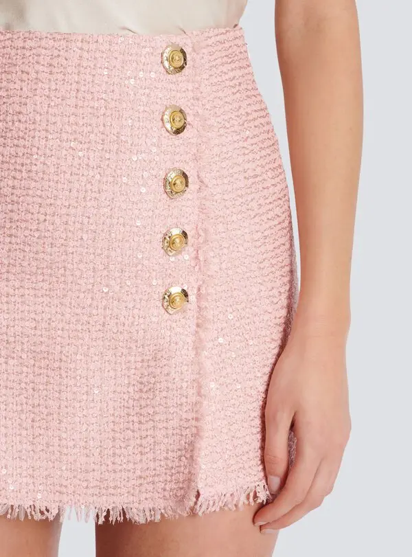 Balmain Sequinned Tweed Mini Skirt With Fringed Hem
