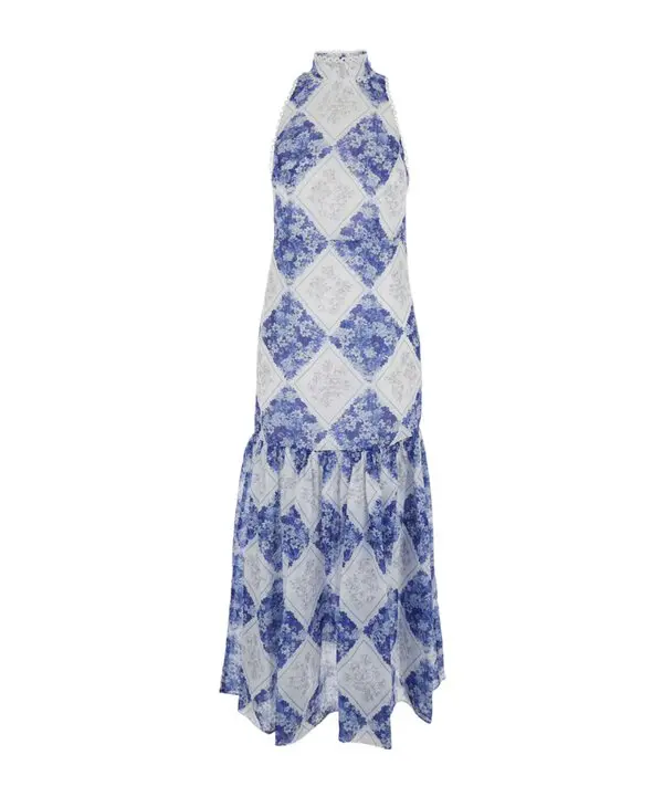 TWINSET Floral Print Long Ramie Dress - Blue