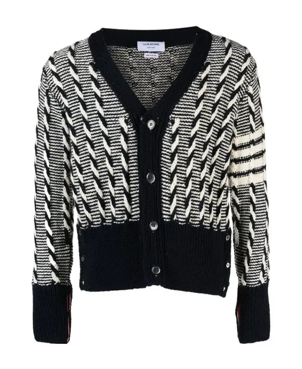Thom Browne V-neck Cable-knit Cardigan With Side Stripes