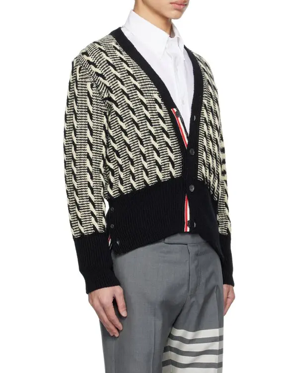 Thom Browne V-neck Cable-knit Cardigan With Side Stripes