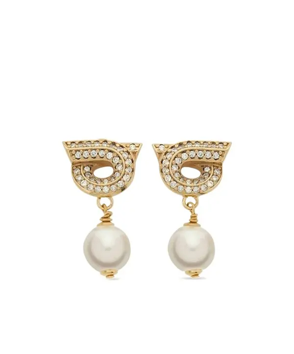 FERRAGAMO Crystal Logo Pearl Drop Earrings - Golden