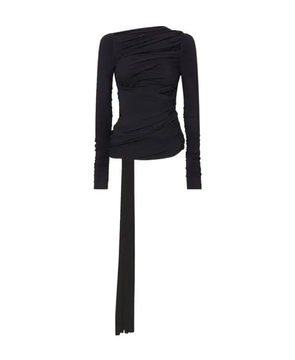 Attico Knitted Asymmetric Draped Long Sleeve Top With Skirt Detail - Black