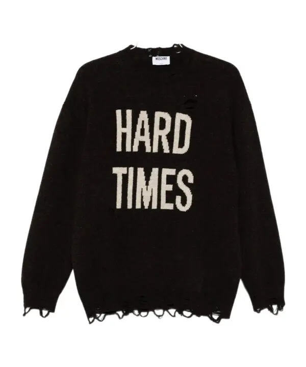 Moschino Distressed Crew Neck Sweater With 'hard Times' Graphic - Black