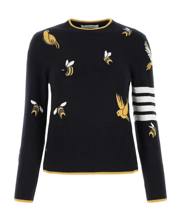 Thom Browne Animal Embroidered Crew Neck Jumper With Button Detail - Navy Blue