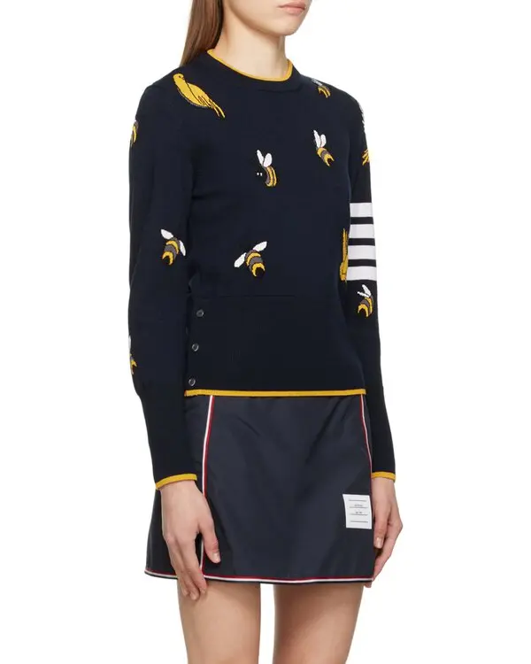Thom Browne Animal Embroidered Crew Neck Jumper With Button Detail