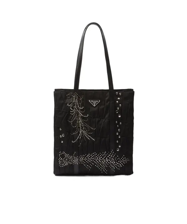 Prada Medium Re-nylon Patchwork Tote Bag With Embroidery And Studs