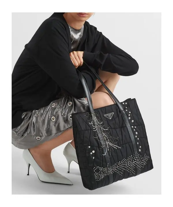 Prada Medium Re-nylon Patchwork Tote Bag With Embroidery And Studs